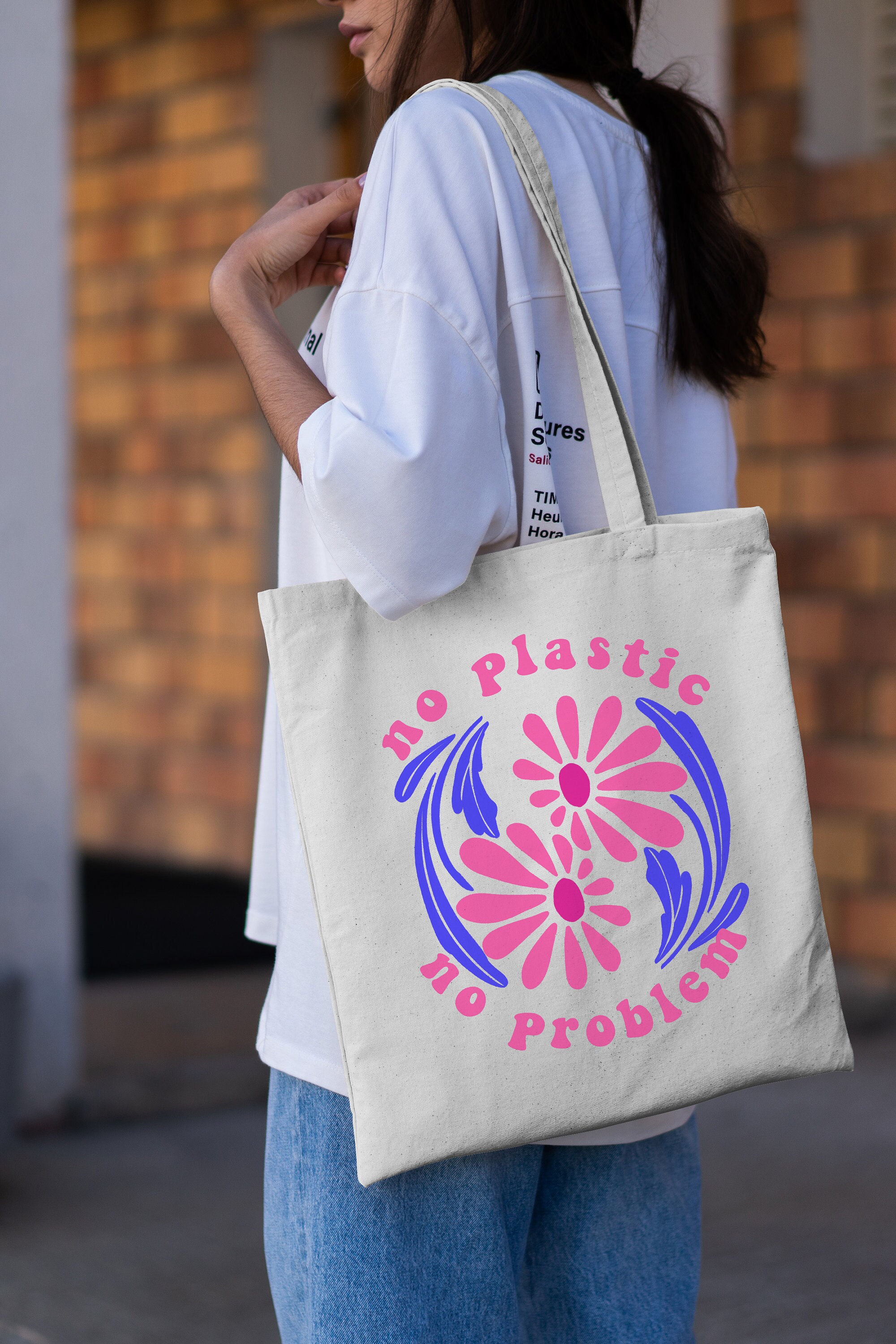 Canvas Tote Bag, No Plastic No Problem Slogan, Daisy Graphic Design ...