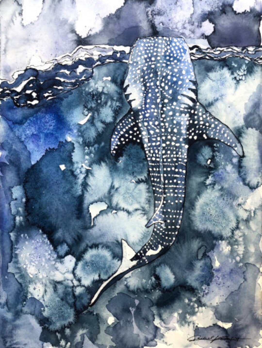Into the Blue Whale Shark Art Print, Illustration, Watercolor, Mixed ...