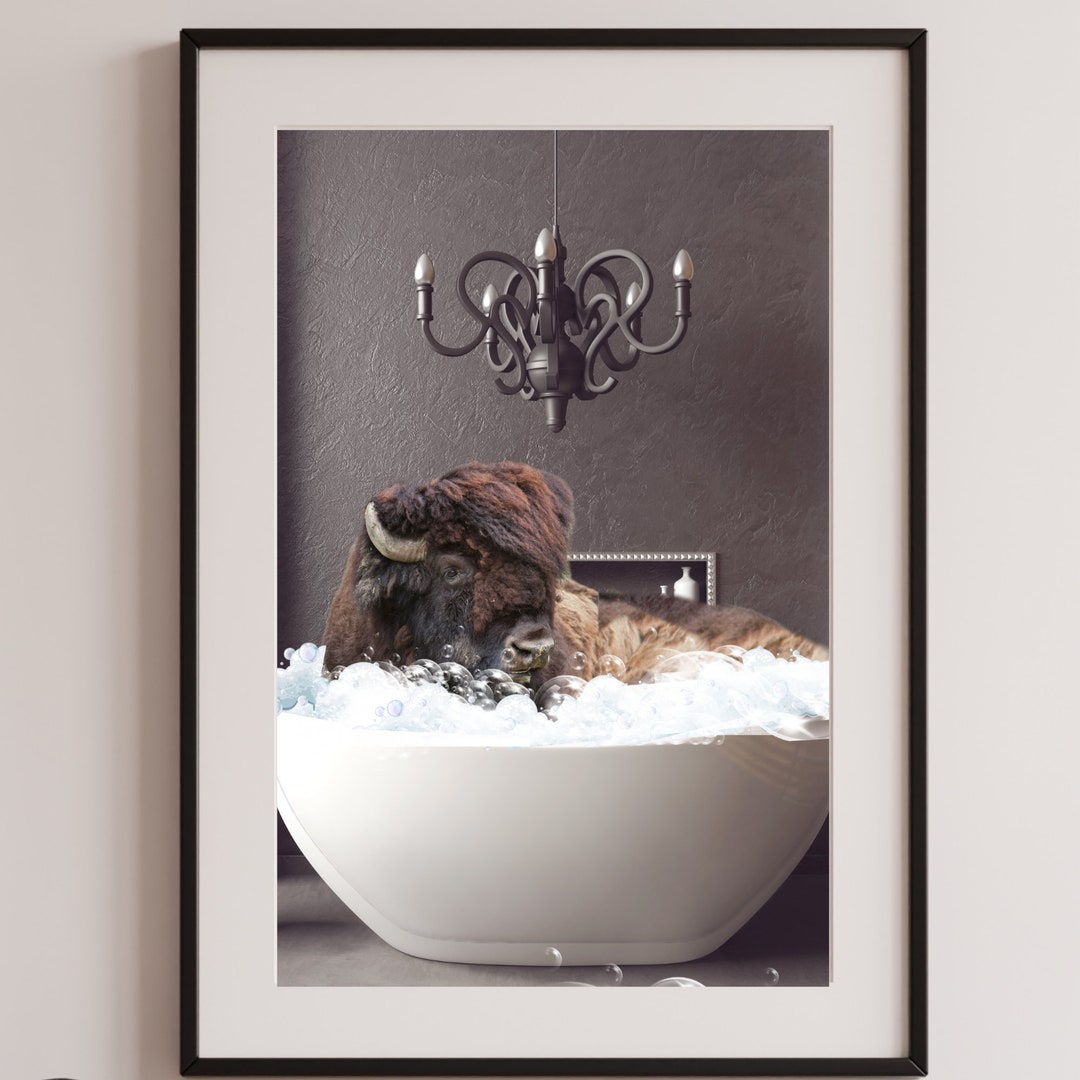 Bison in a Bathtub, Bath Style, Bison in Tub, Animal Bathroom Art ...