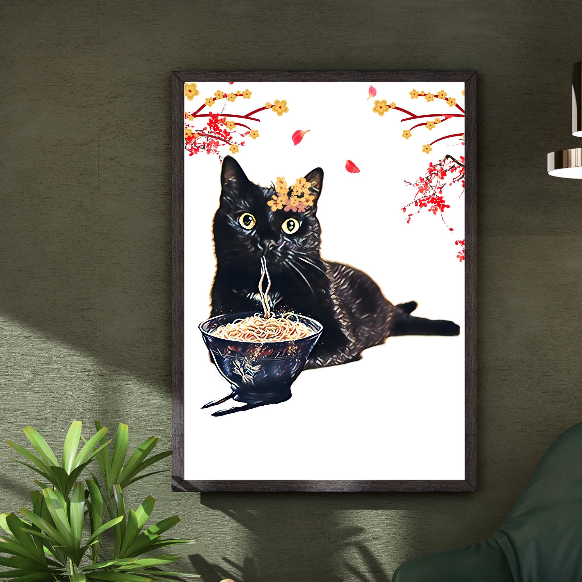 Black Cat Noodle Adventure Black Cat Eat Noodle Cat Wall Art Cat Food ...