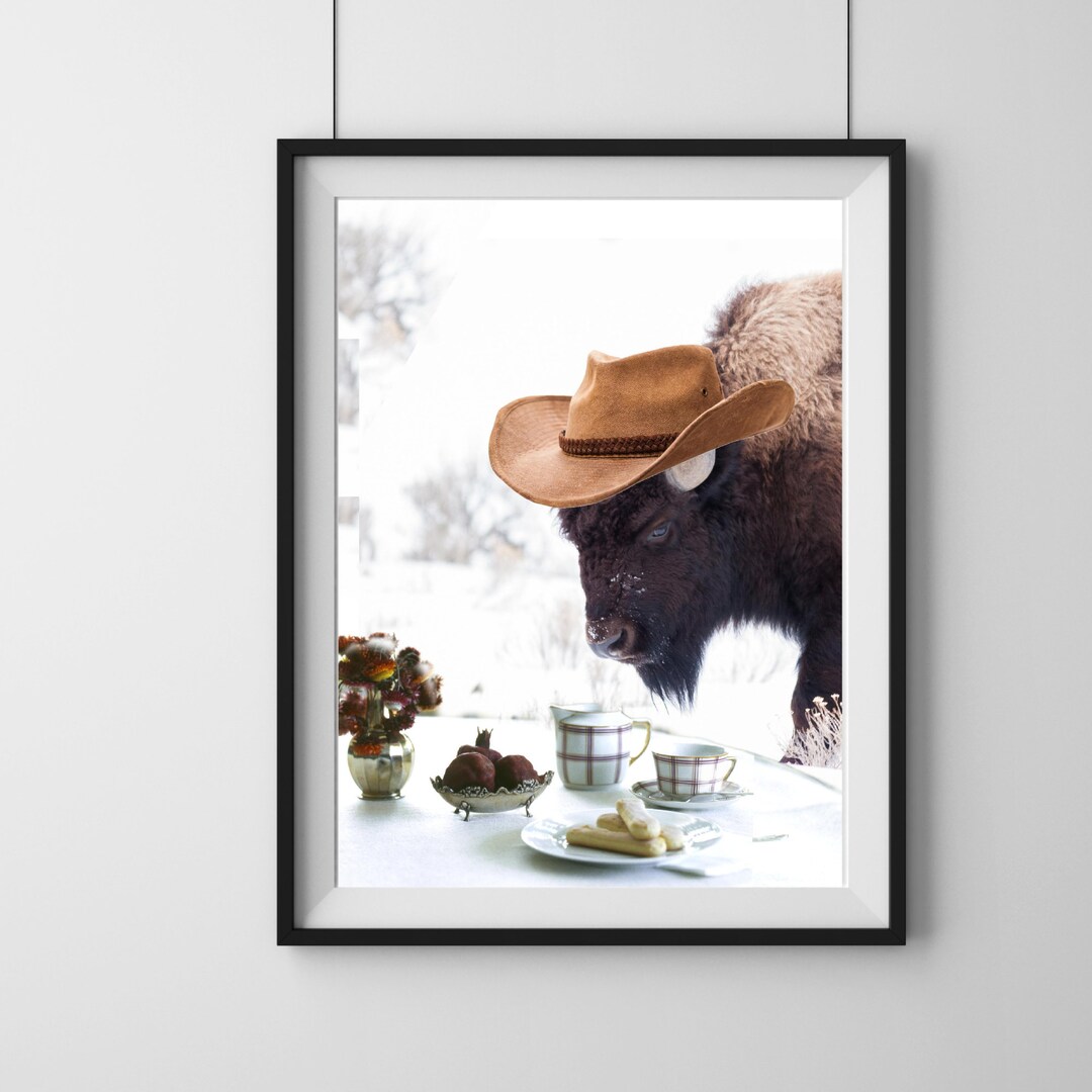 Bison Print, Bison Tea Party, Bison With Cowoy Hat, Winter Bison, Print ...