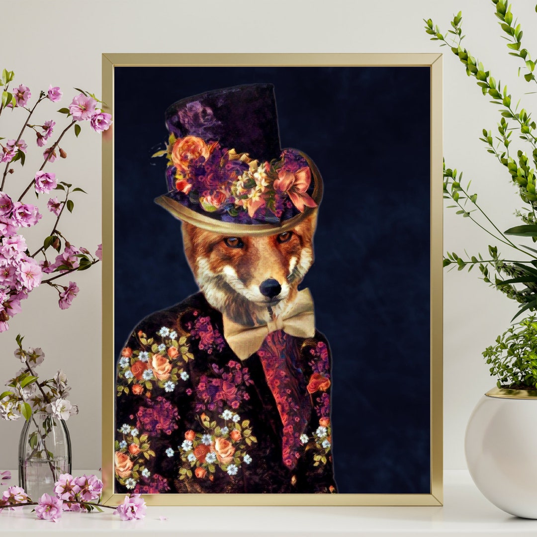 Gentleman Fox Vintage Portrait, Floral Victorian Fox Wearing a Hat ...
