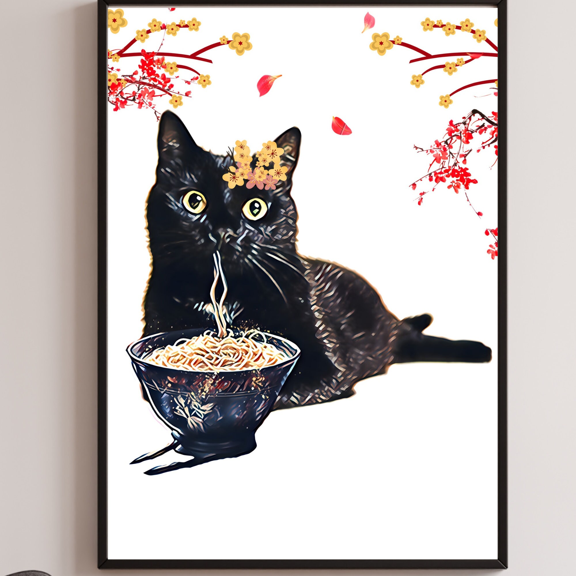 Black Cat Noodle Adventure Black Cat Eat Noodle Cat Wall Art Cat Food ...