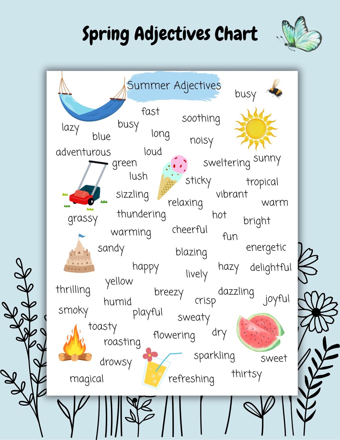 Summer Adjective Chart, Summer, Writing Stories, Writing Prompts ...