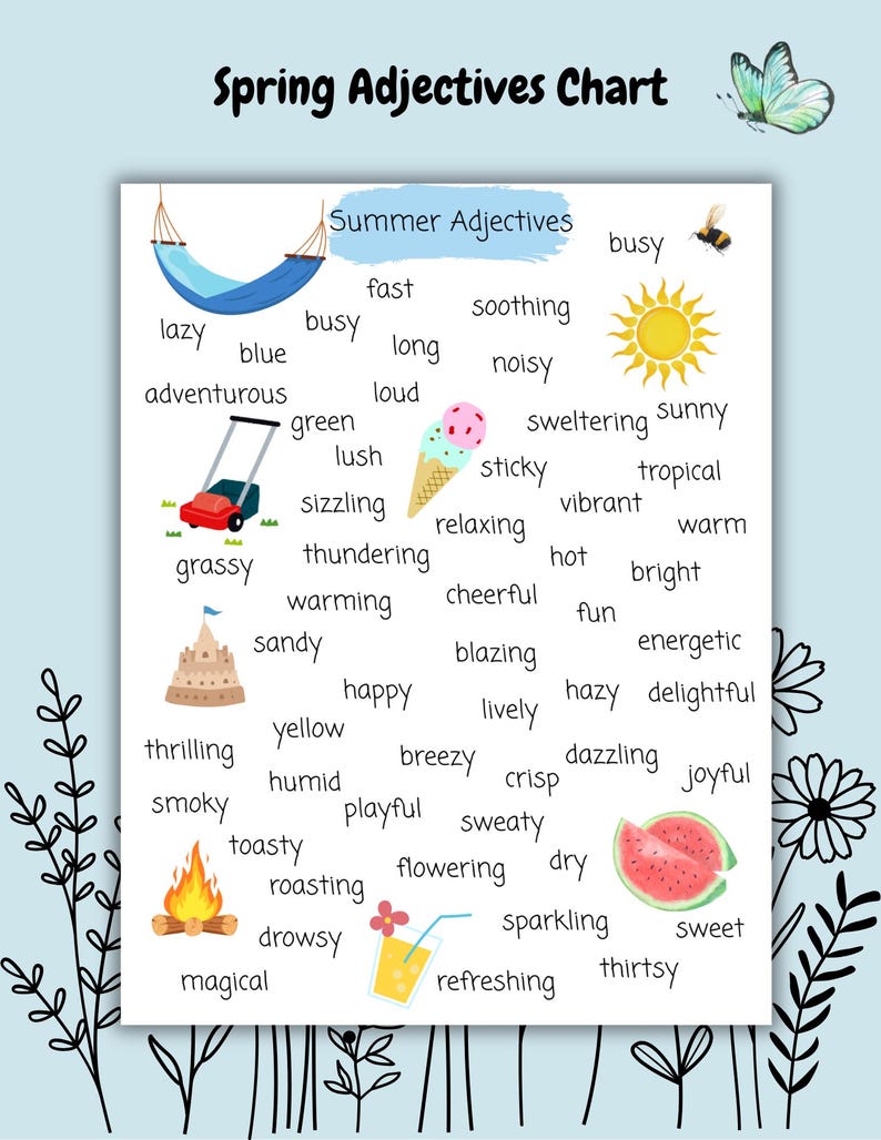 Summer Adjective Chart, Summer, Writing Stories, Writing Prompts ...