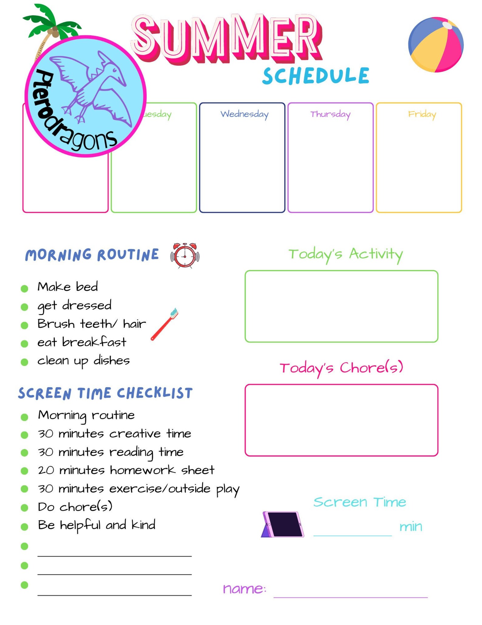 Summer Screentime Checklist, Summer Daily Schedule - Etsy