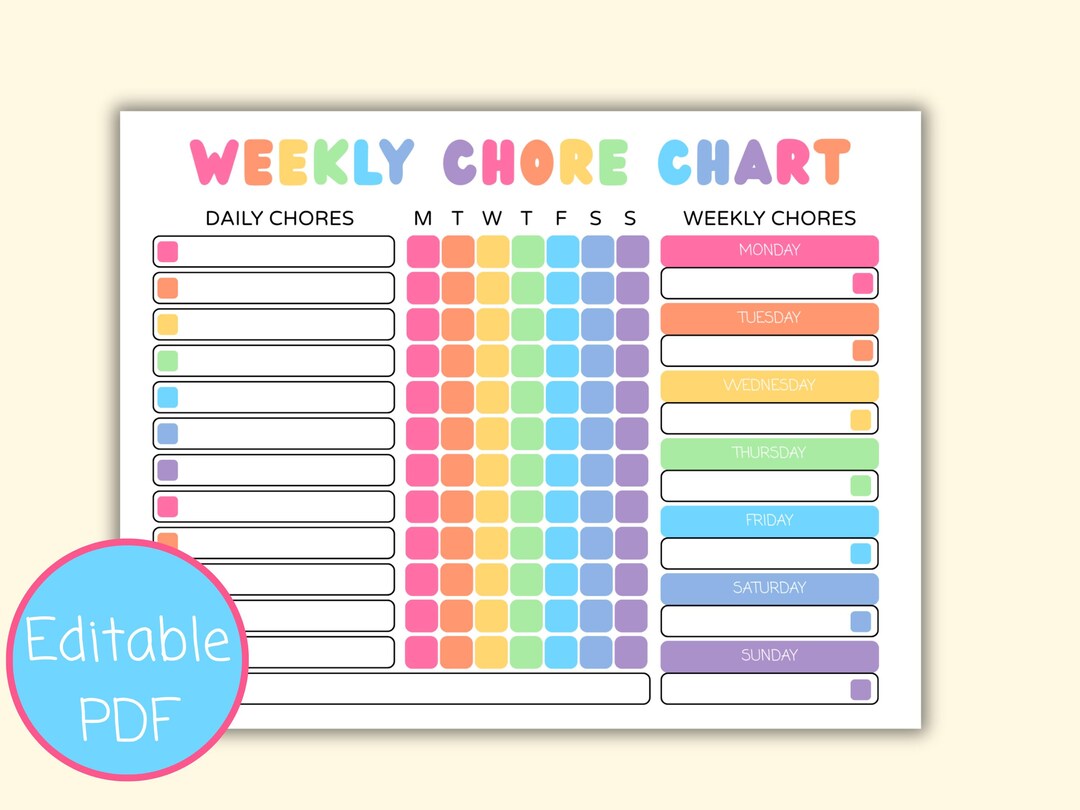Editable Weekly Chore Chart, Kids Weekly Responsibility Chart, Daily ...