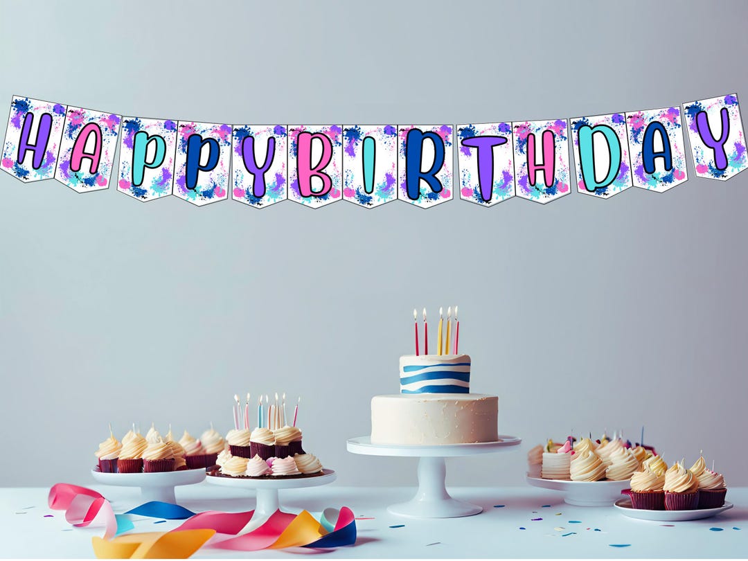 Happy Birthday Banner, Paint Splats, Art Party Banner, Digital ...