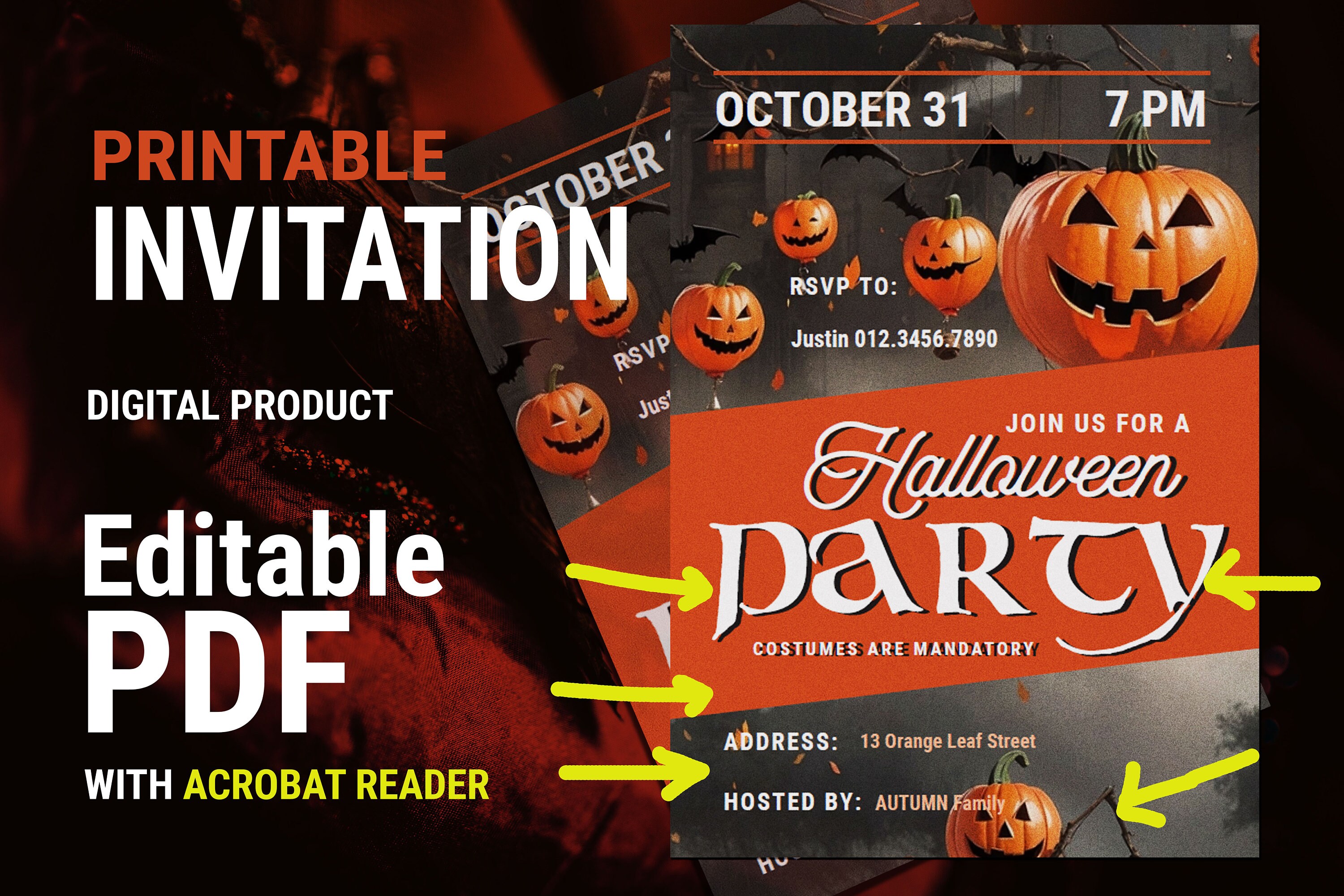 Editable HALLOWEEN Party Invitation 7x5 in Editable PDF With Acrobat ...