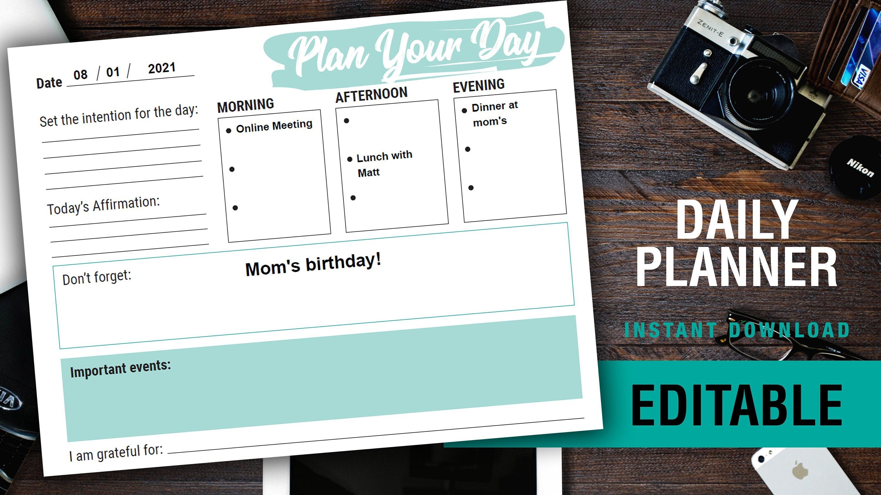 EDITABLE Daily Planner Instant Download Pdf - Etsy