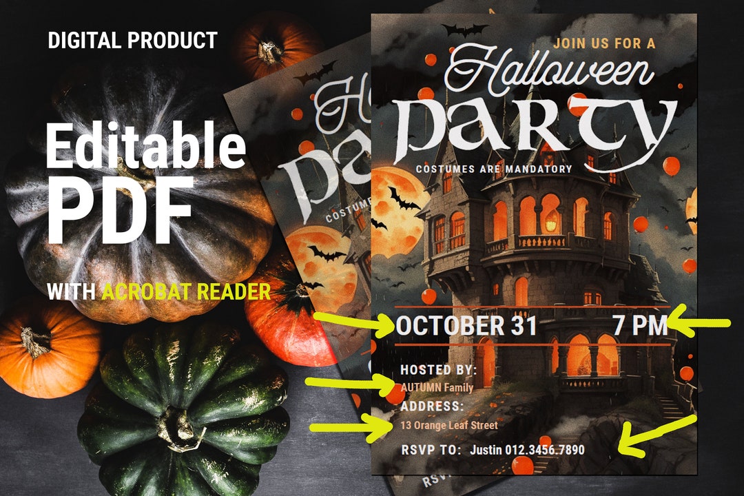 Editable HALLOWEEN Party Invitation 7x5 in Editable PDF With Acrobat ...