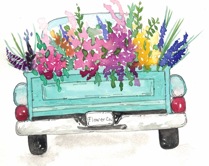Flower Truck, Vintage Truck Painting, Watercolor Print, Spring Painting ...