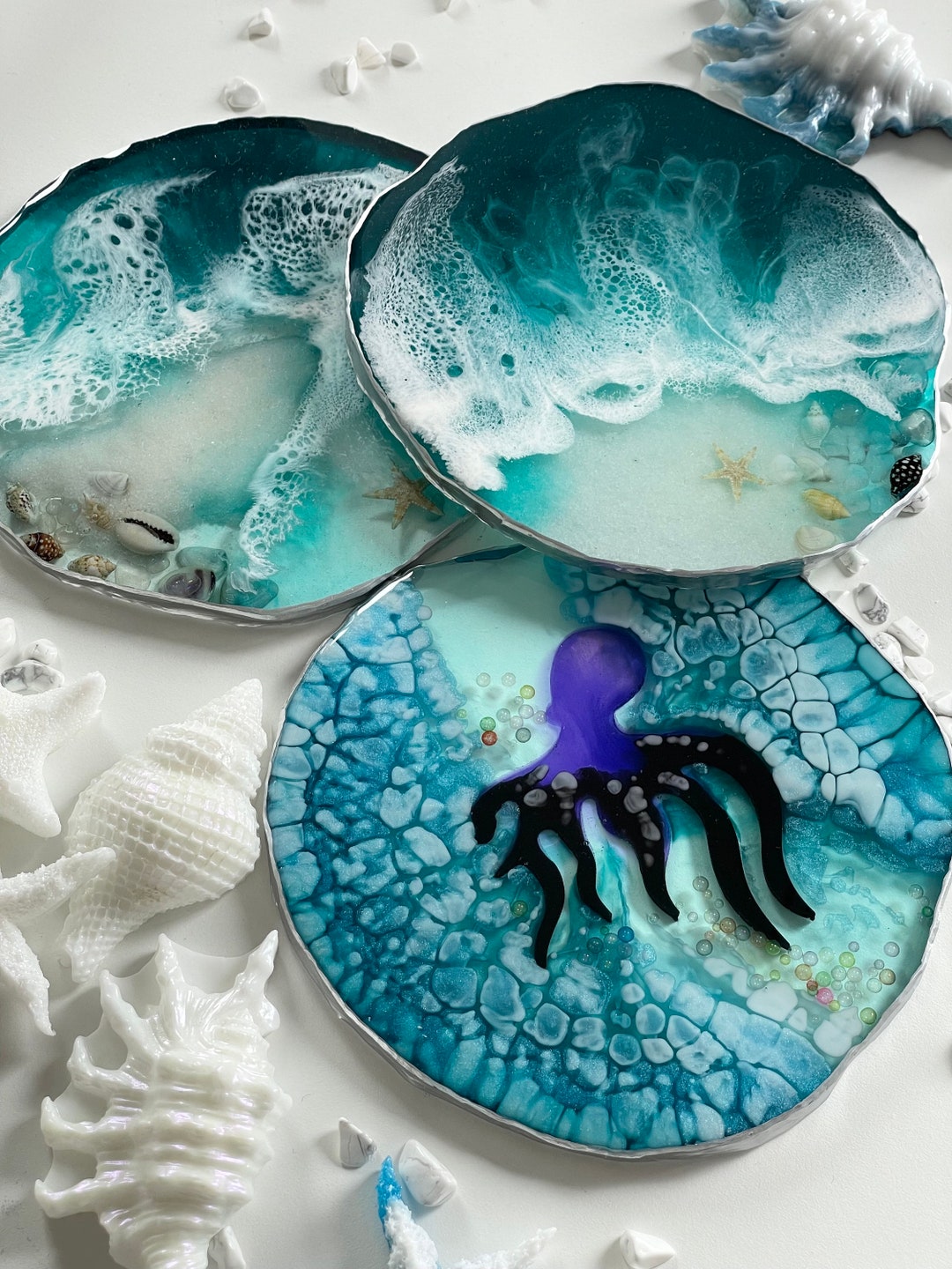 Sea Resin Coasters With Natural Mini Seashells – Unique Beach Decor ...