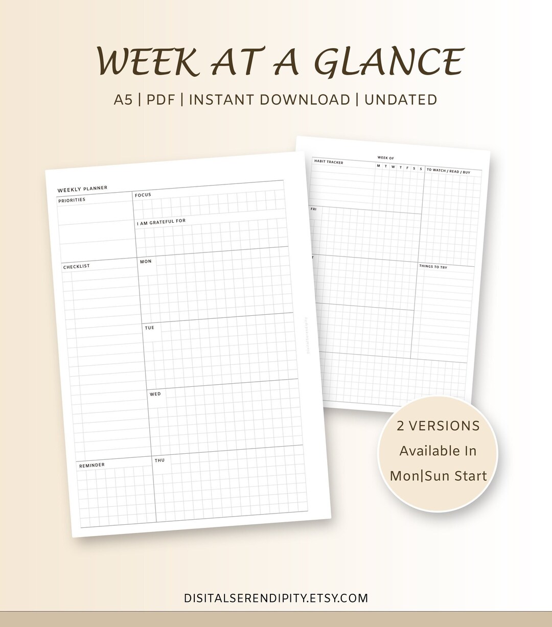 Printable Weekly Planner/week at a Glance/undated Weekly Template/ A5 ...