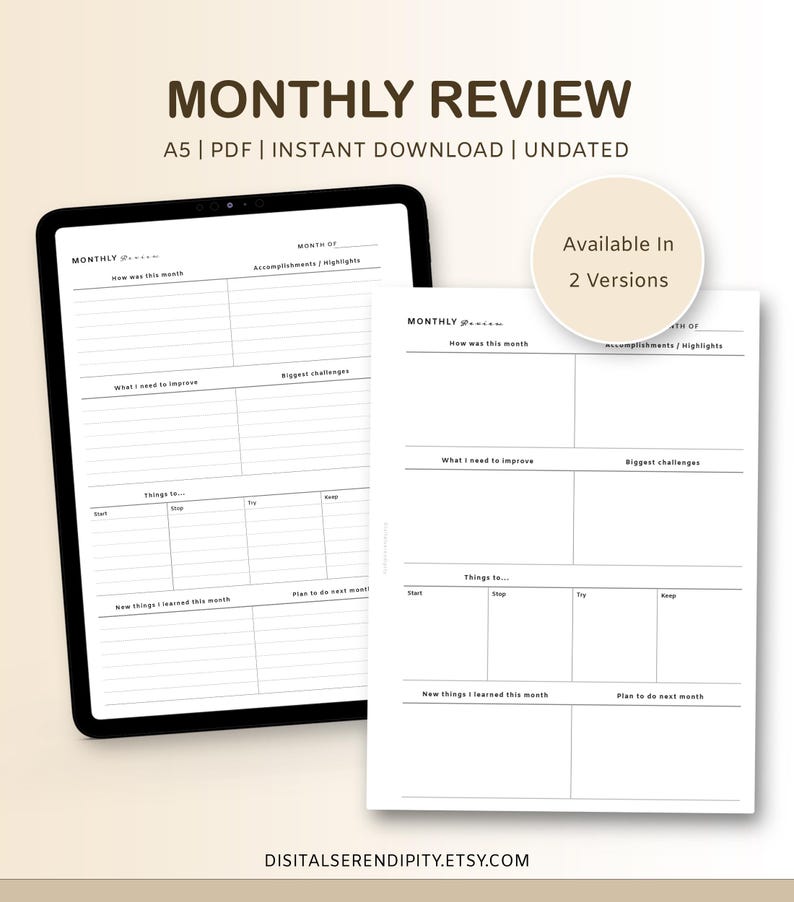 A5 Printable Monthly Review/ Insert Template Agenda/ Monthly Reflection ...