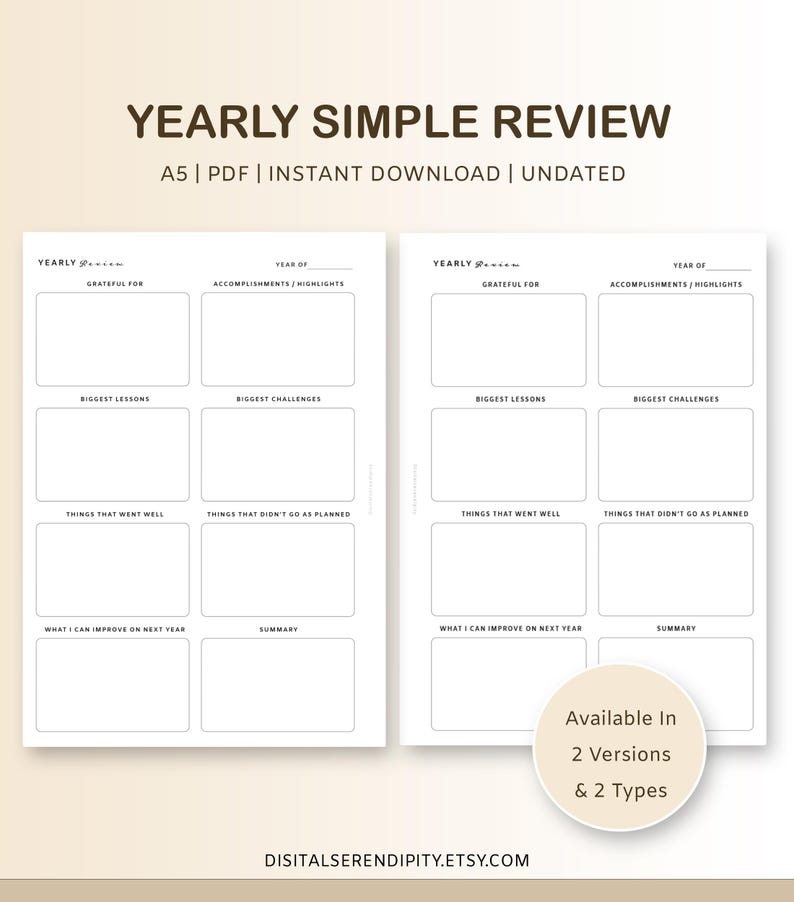 Yearly Simple Review| A5 Printable Reflection Planner| Annual Review ...