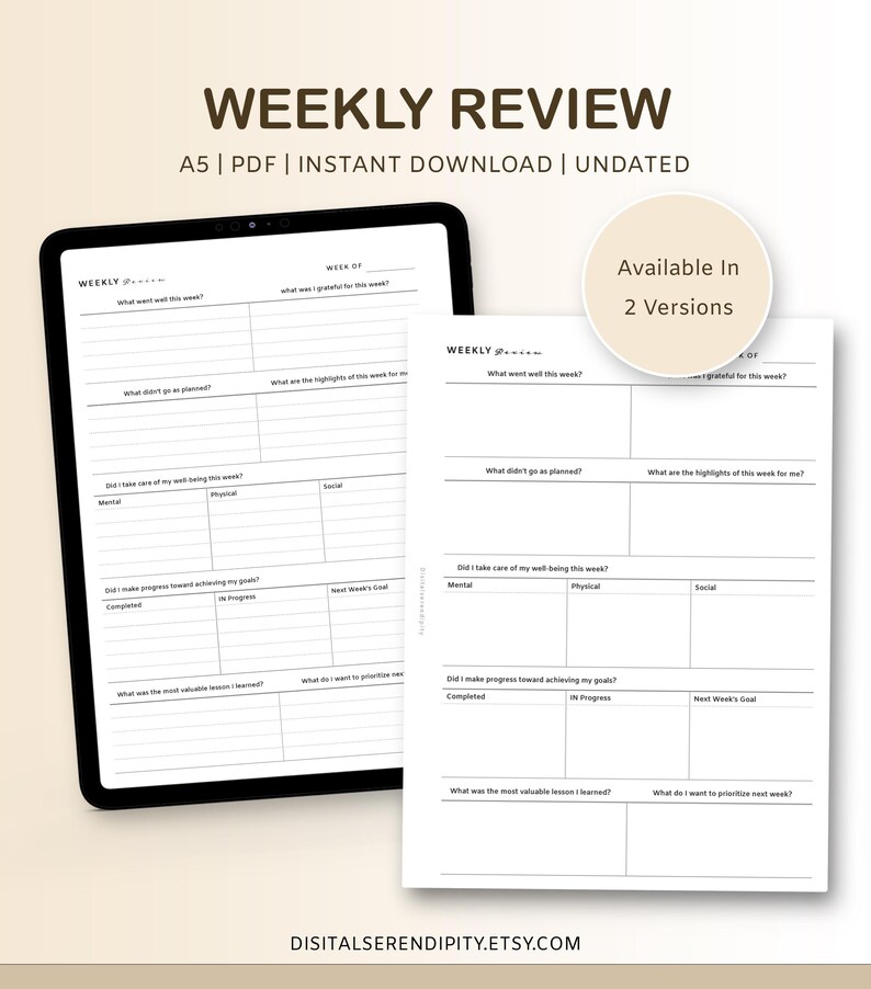 Printable A5 Weekly Review Planner Template/reflection Insert Agenda ...
