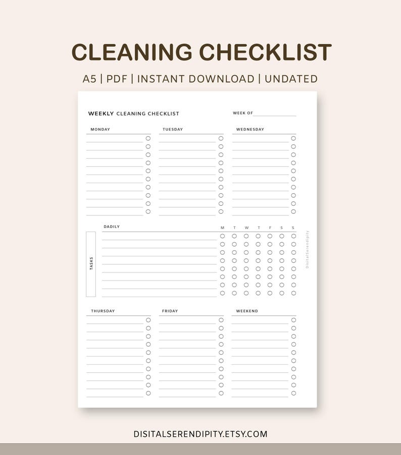Weekly Cleaning Checklist/ A5 Printable Cleaning Schedule Planner ...