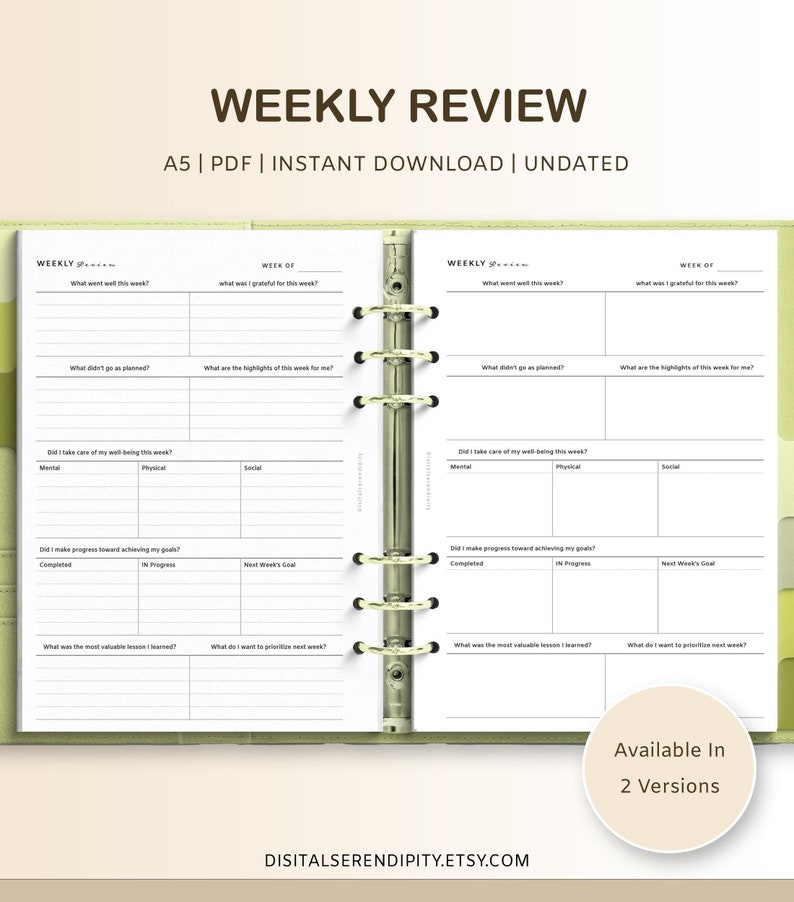 Printable A5 Weekly Review Planner Template/reflection Insert Agenda ...