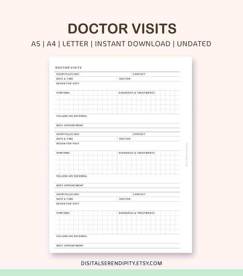 Doctor Visits Template/ A5 Printable Planner Insert/ Medical ...