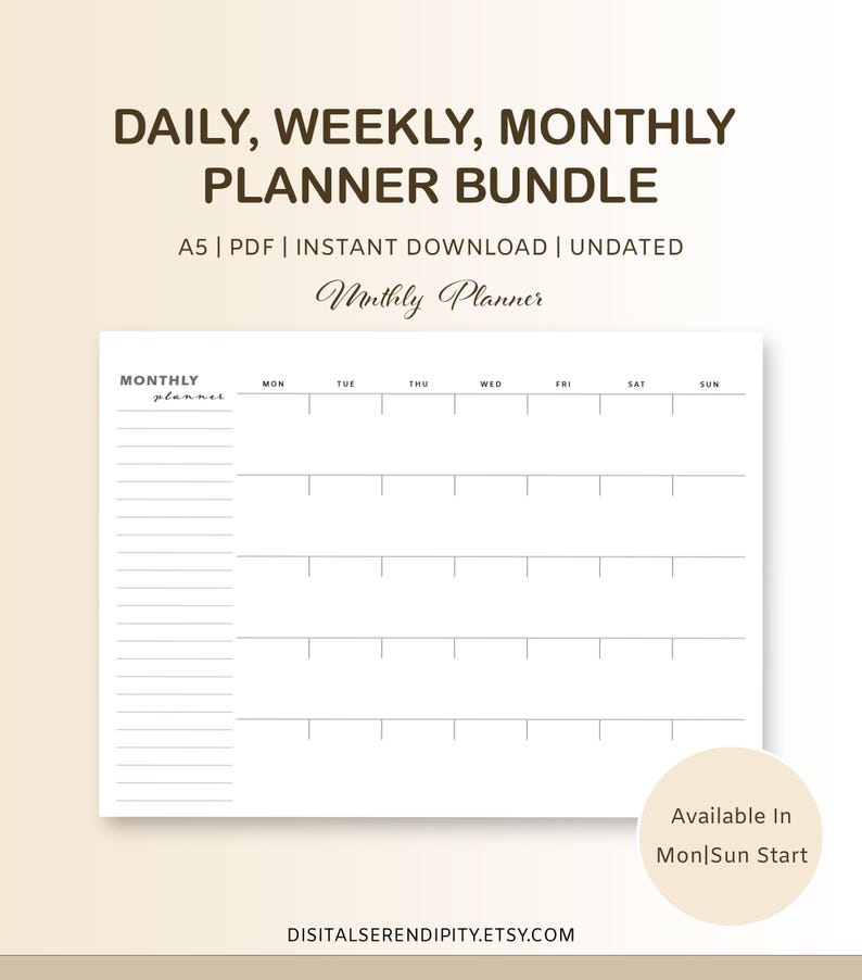 A5 Daily, Weekly, Monthly Printable Planner Bundle/pdf/undated ...