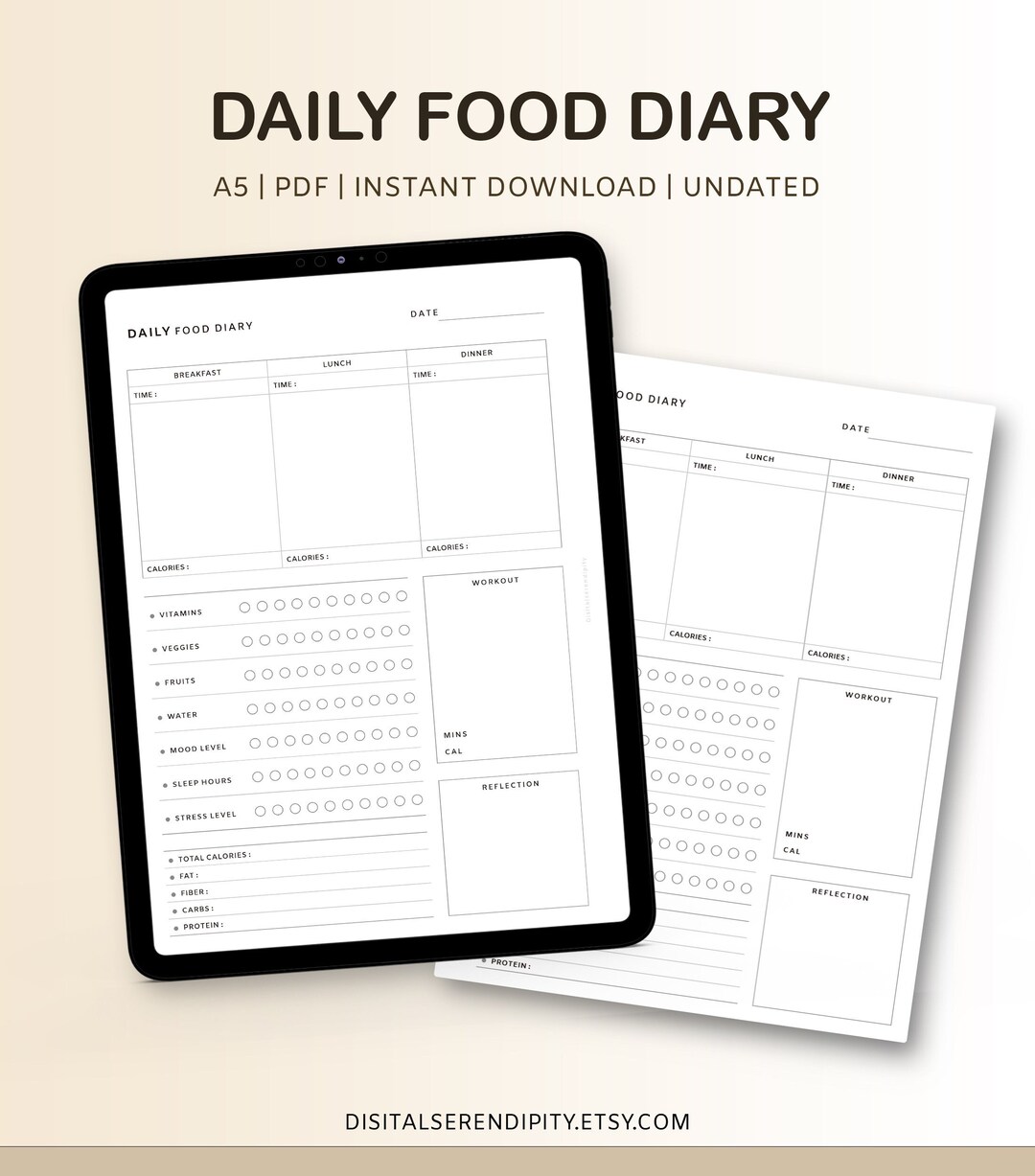 Printable Digital Food Diary, Daily Food Template, Meal Planner, Food ...