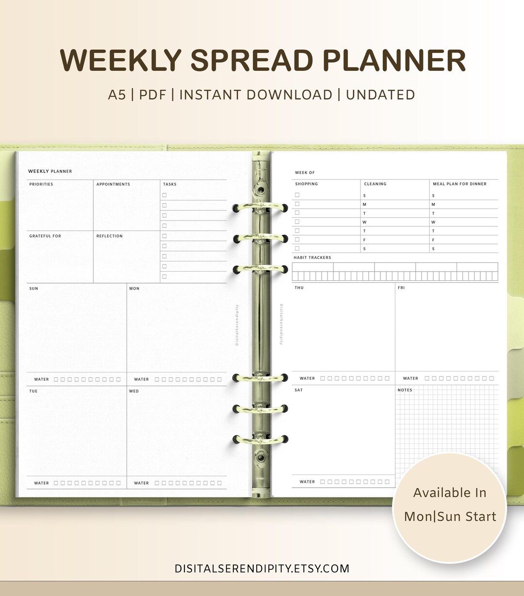 A5 Printable Weekly Spread Planner/undated Weekly Template/ Mon Sun ...