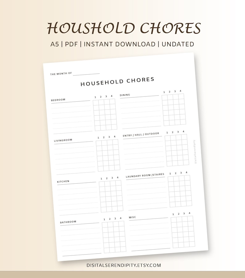 A5 Printable Household Chores Tracker/ Monthly Template/ Cleaning ...