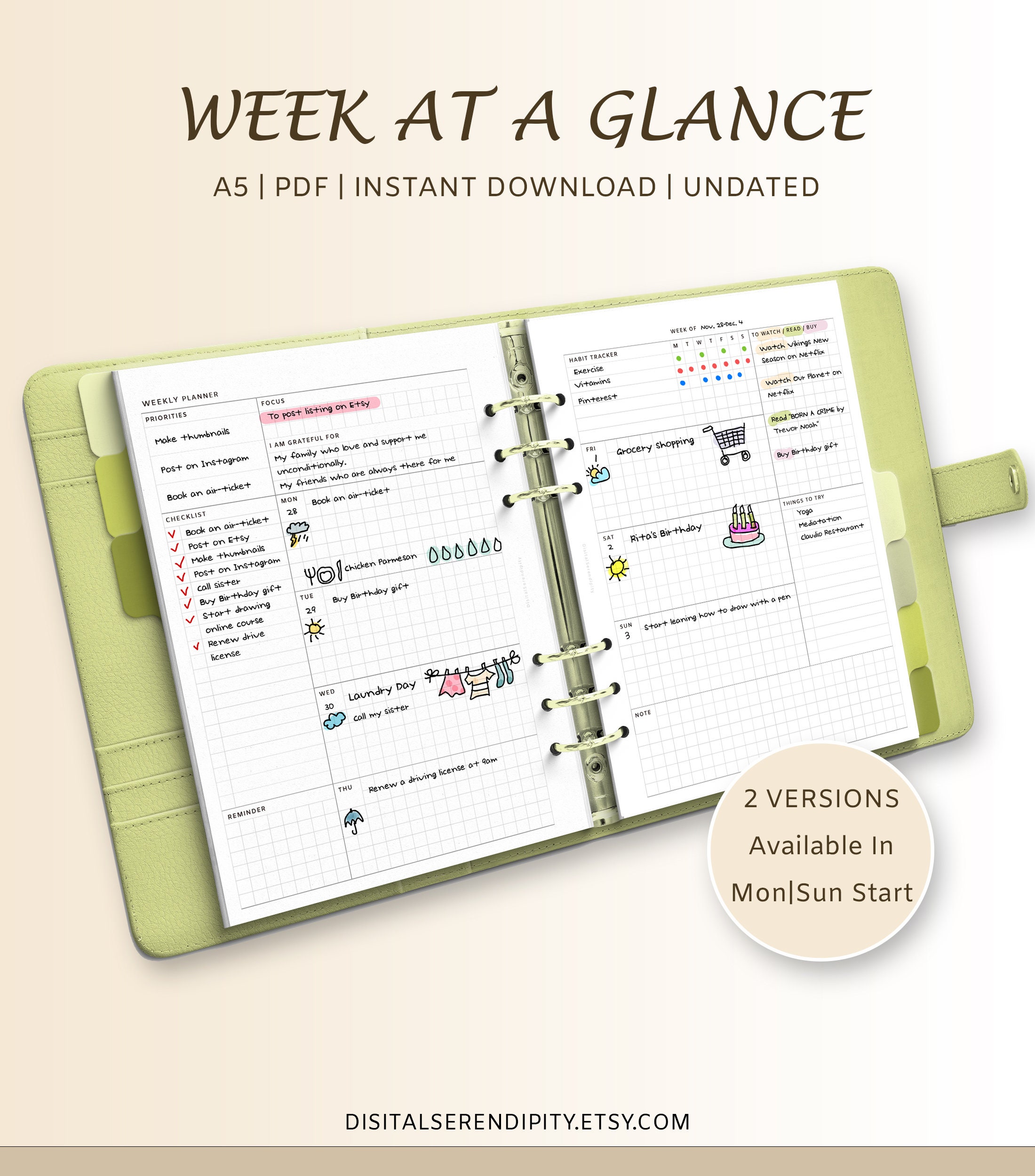 Printable Weekly Planner/week at a Glance/undated Weekly Template/ A5 ...