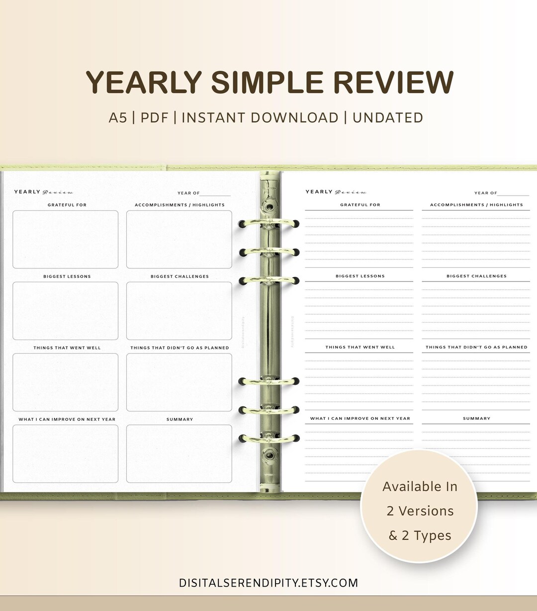 Yearly Simple Review| A5 Printable Reflection Planner| Annual Review ...