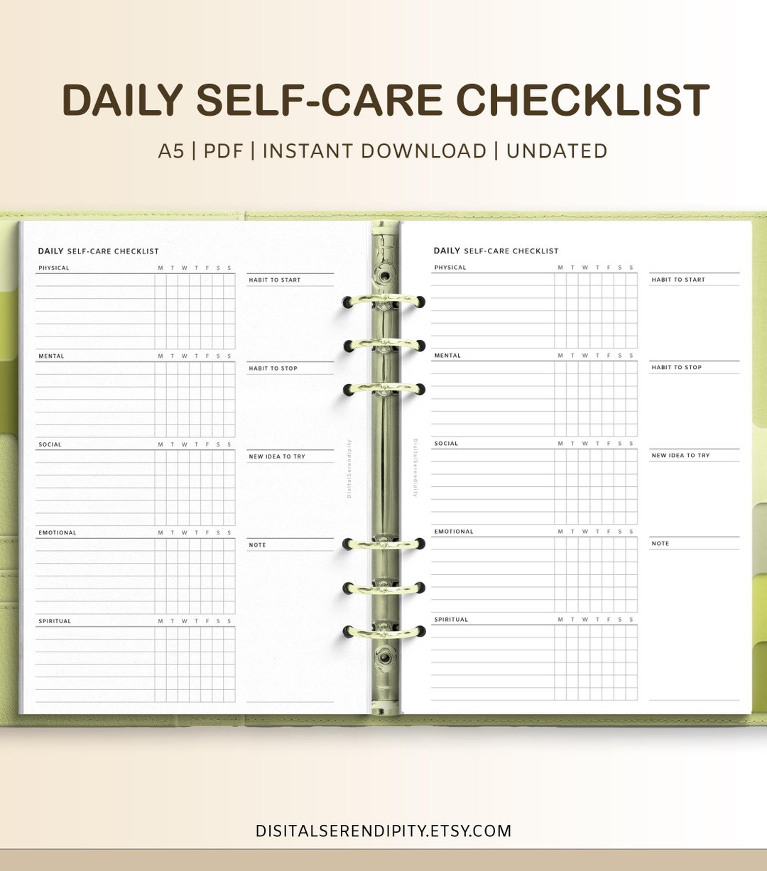 Daily Self-care Checklist A5 Printable Planner/ Wellness Tracker Insert ...