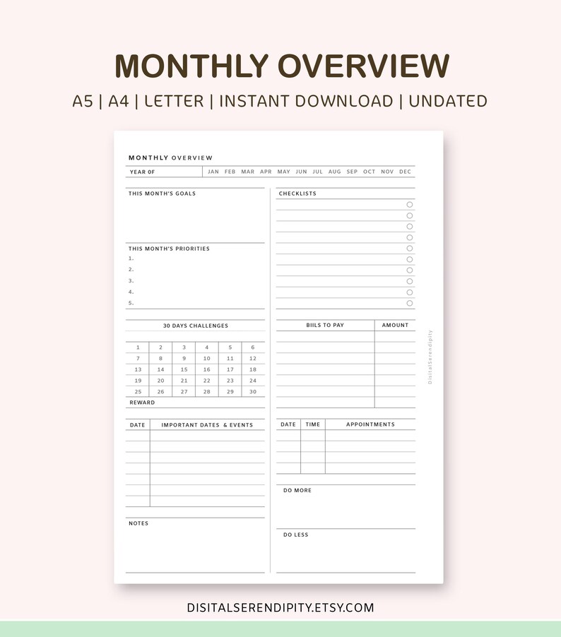 Monthly Overview Printable: A5, A4, Letter Planner (digital Download ...