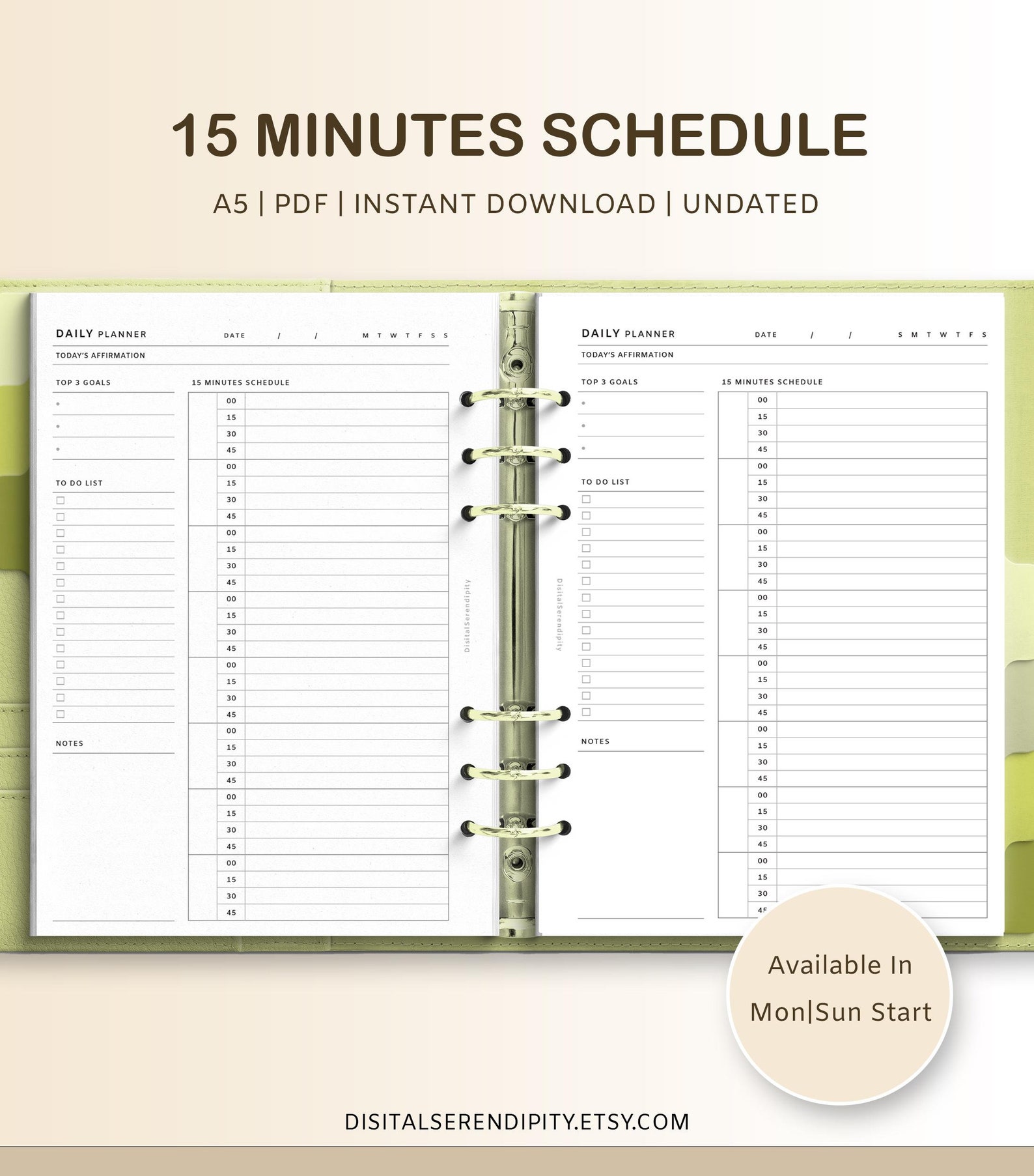 Daily A5 Printable 15 Minutes Schedule Planner/ Insert Worksheet Layout ...
