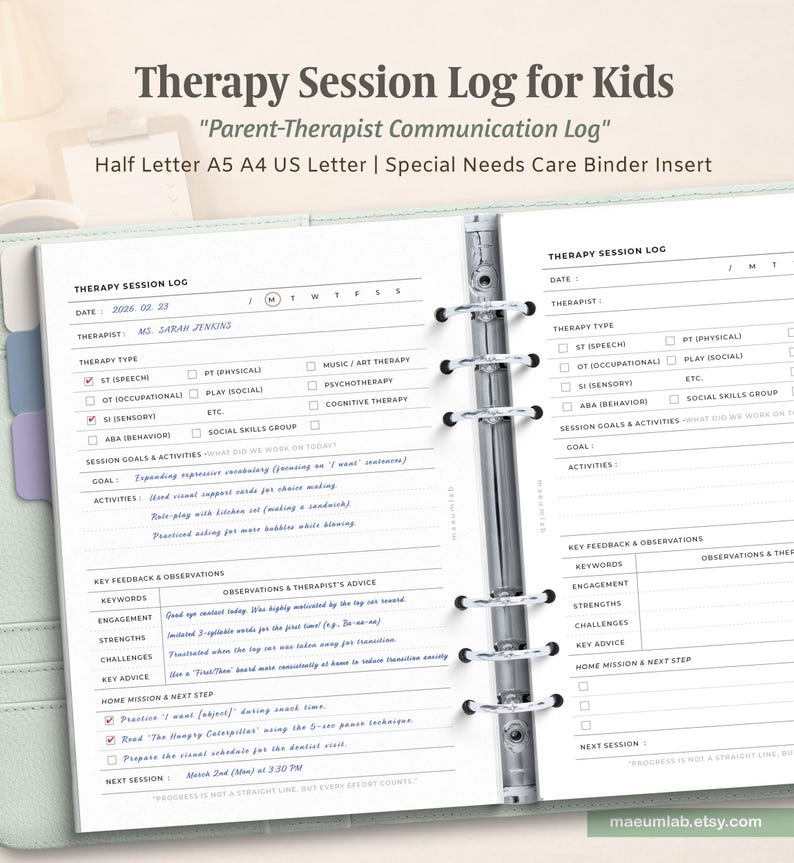 Kids Therapy Session Log: Parent-therapist Communication Binder Insert ...
