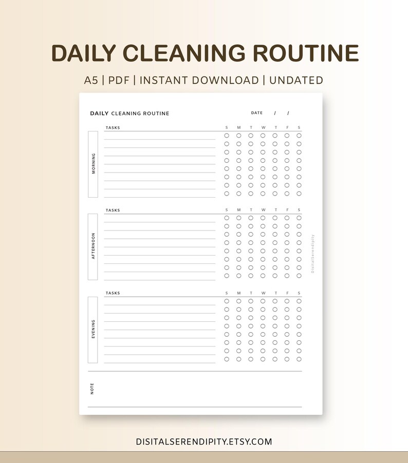 A5 Printable Daily Cleaning Routine/ Checklist Chore/ Insert Template ...