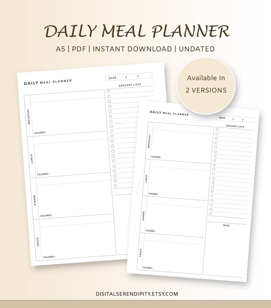 A5 Daily Meal Planner With Grocery Lists / Food Tracker / Template ...
