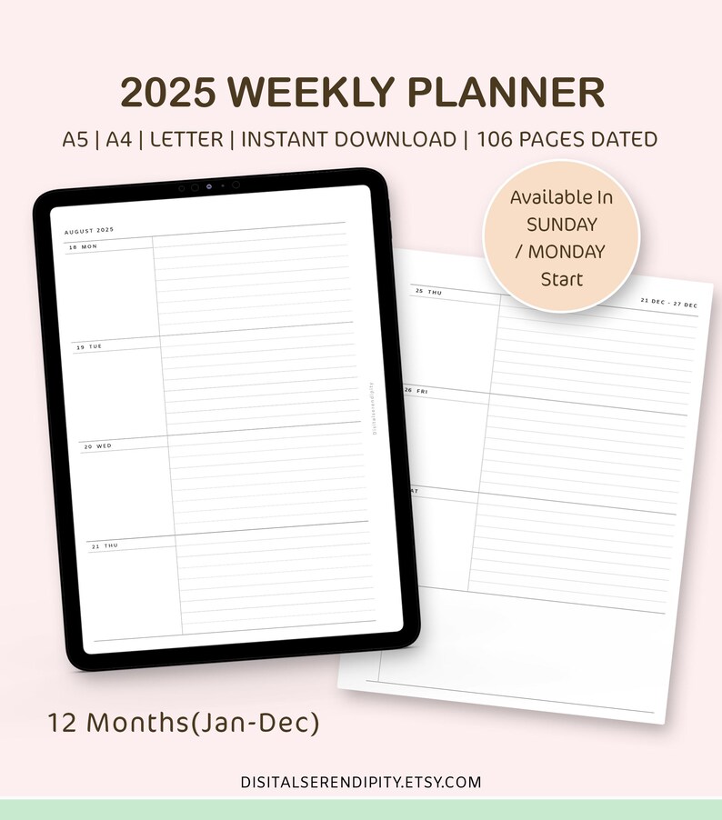 2025 Weekly Printable Planner: A5 A4 Letter Size (digital Download) - Etsy