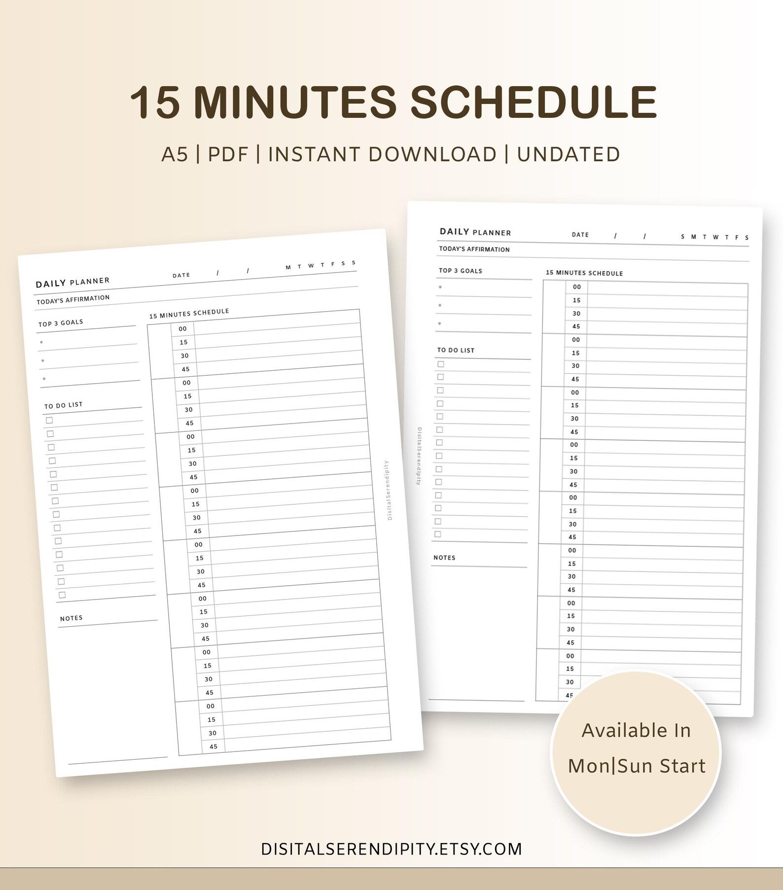 Daily A5 Printable 15 Minutes Schedule Planner/ Insert Worksheet Layout ...