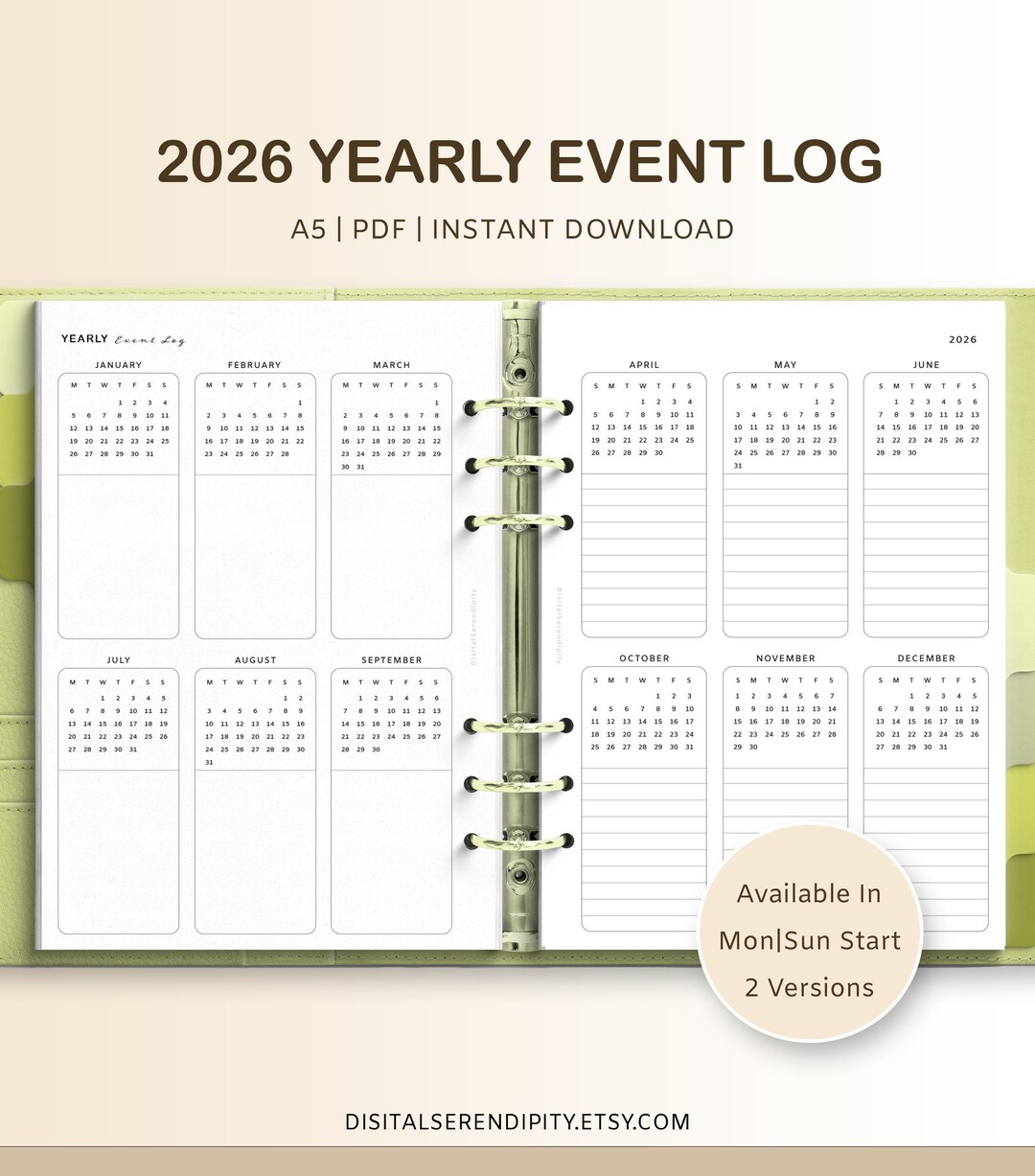 2026 Yearly Event Log: A5 Printable Planner (PDF) - Etsy