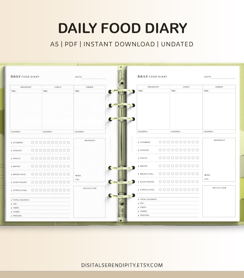 A5 Printable Digital Food Diary/ Daily Food Template, Meal Planner ...