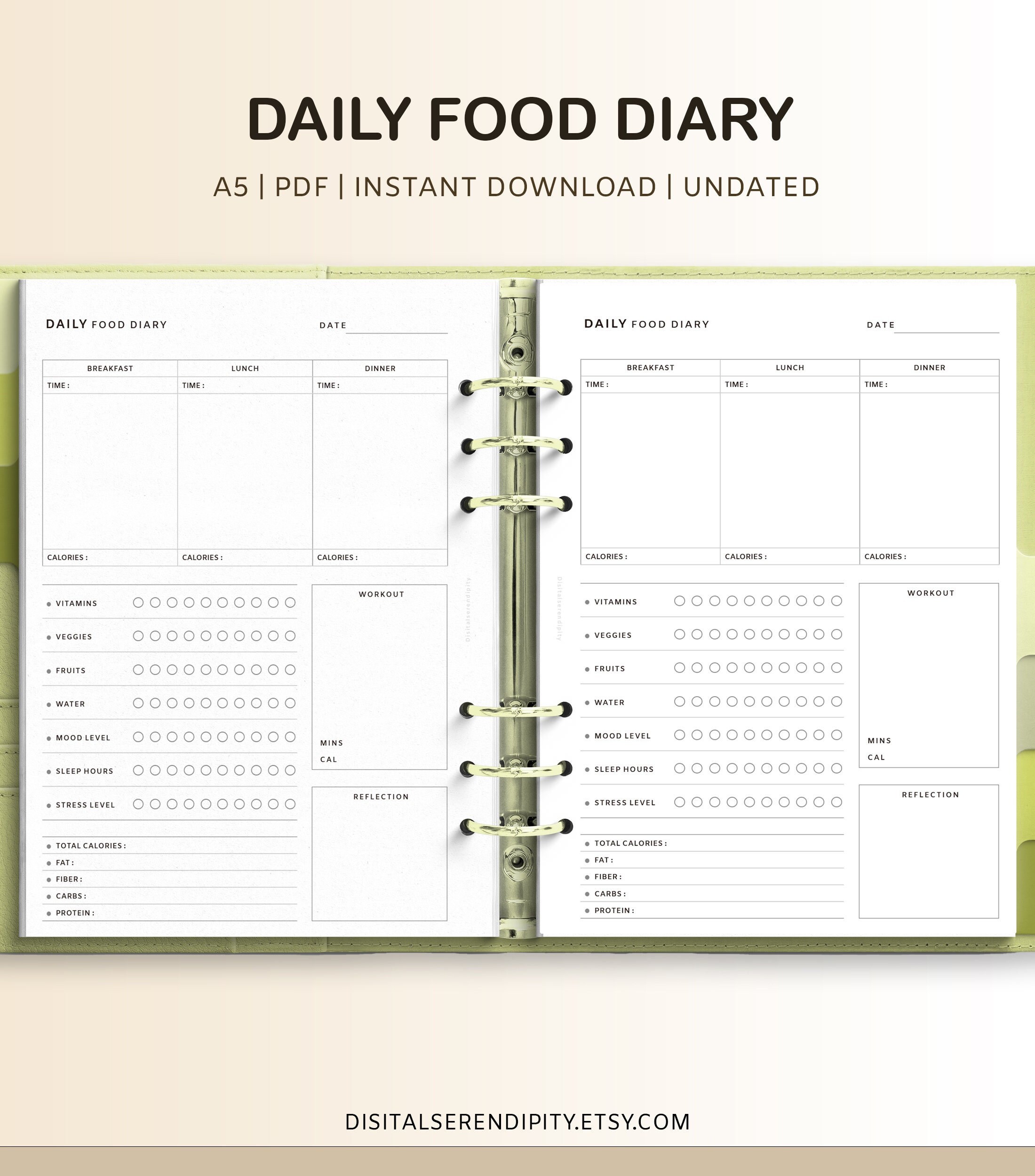 A5 Printable Digital Food Diary/ Daily Food Template, Meal Planner ...