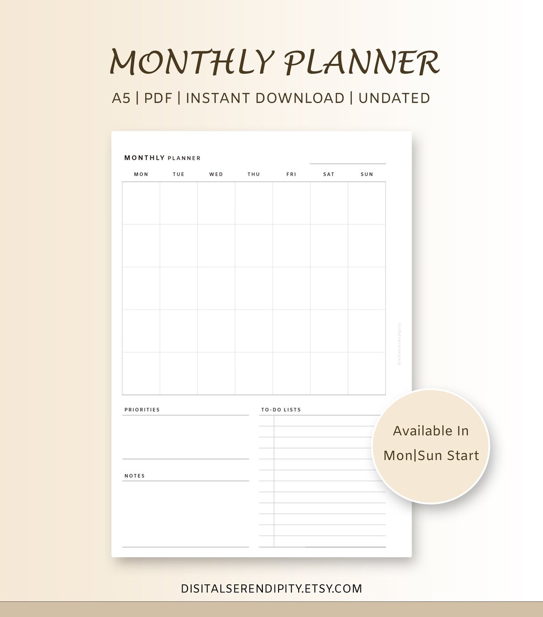 Undated A5 Printable Monthly Planner/productive Template/monthly Agenda ...