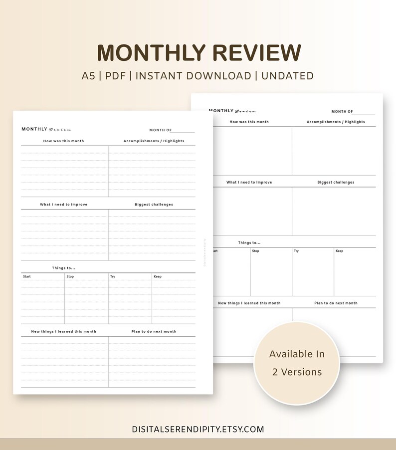 A5 Printable Monthly Review/ Insert Template Agenda/ Monthly Reflection/ A4 US Letter Fillable ...