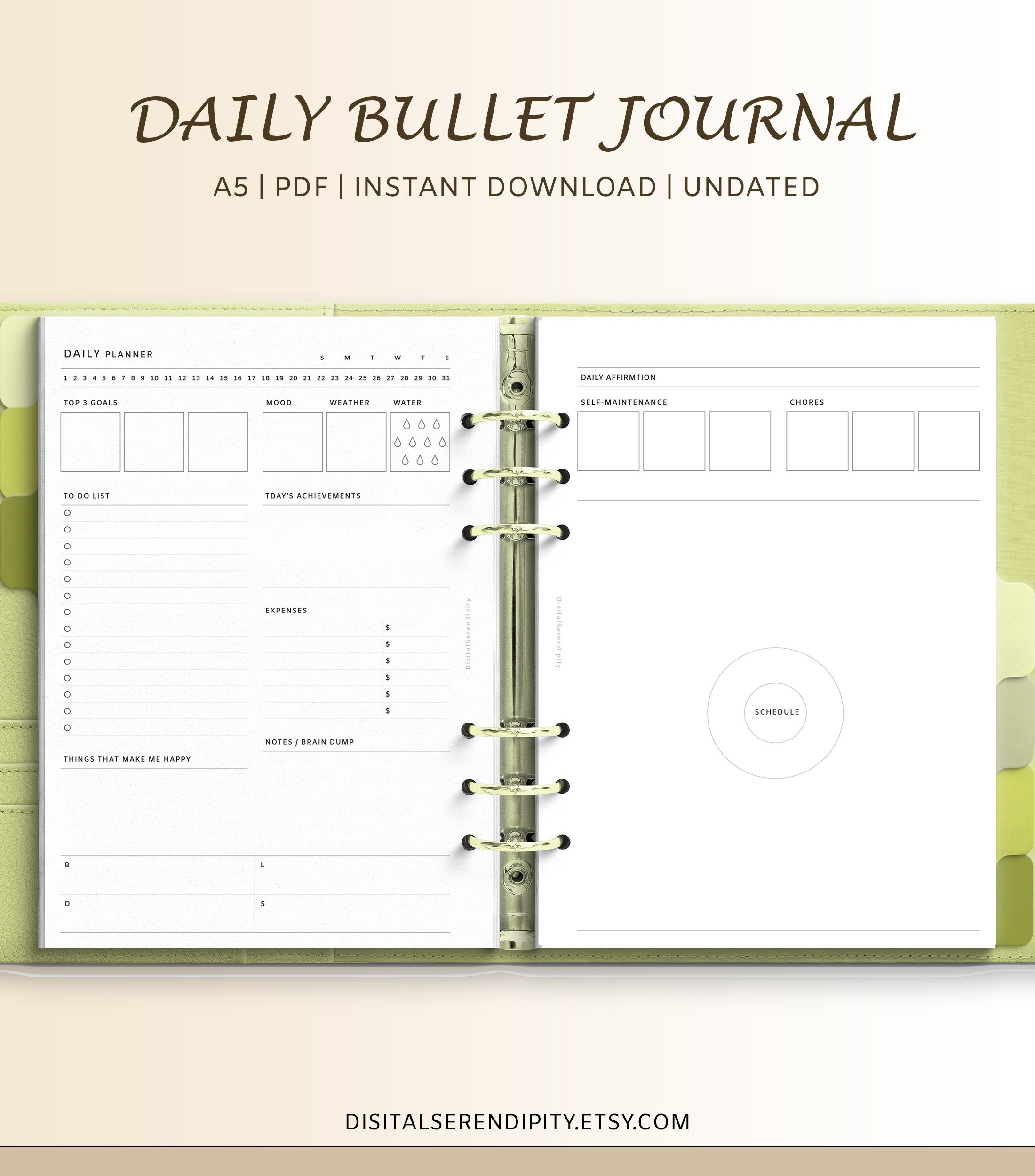 Daily Printable Bullet Journal Layout/ Undated Organized Planner/day on 2 Pages/ Inserts ...