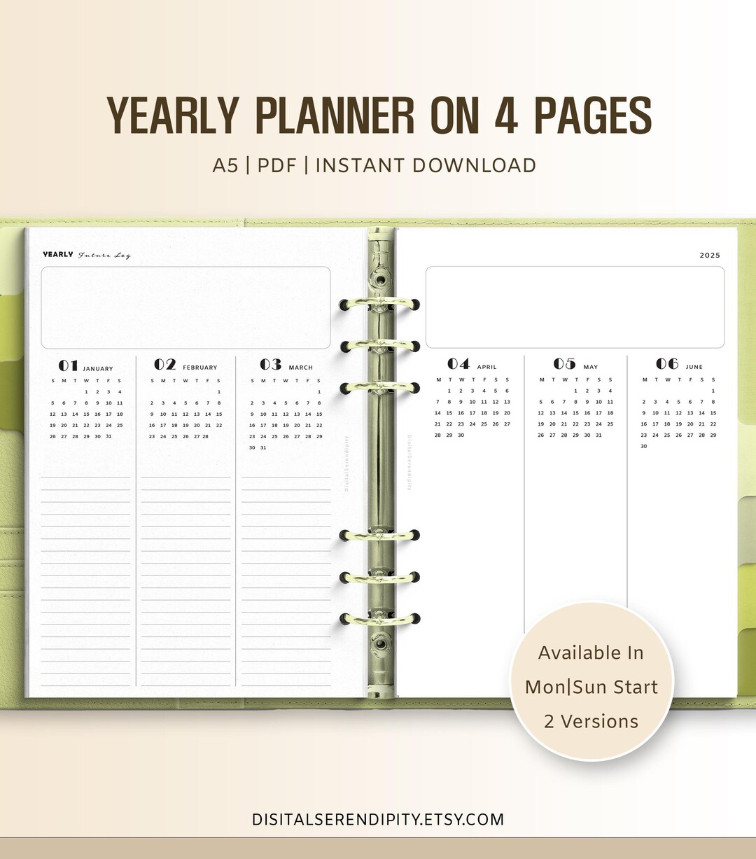 A5 2025 Printable Yearly Planner/year on 4 Pages/quarter Future Log ...