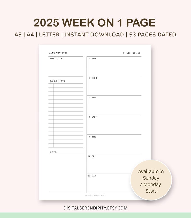 2025 Minimal Weekly DATED Planner Printable, Week on 1 Page, Digital ...