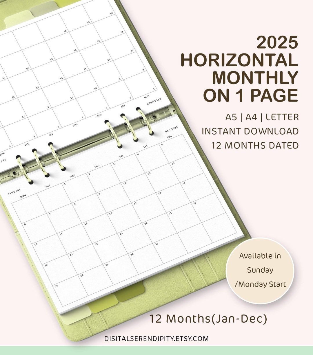 2025 Landscape/horizontal Simple Monthly Planner on One Page, Monthly ...