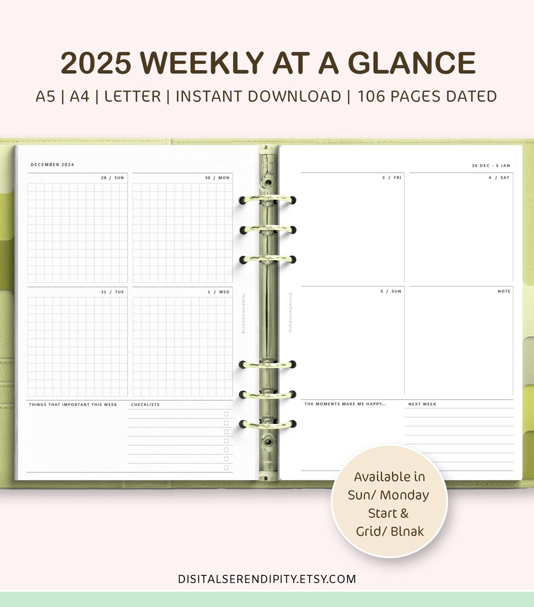 2025 Weekly at a Glance DATED Planner Printable, Week on 2 Page ...