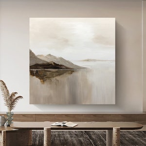 Large Beige and Brown Abstract Wall Art Square Landscape Painting Beige ...