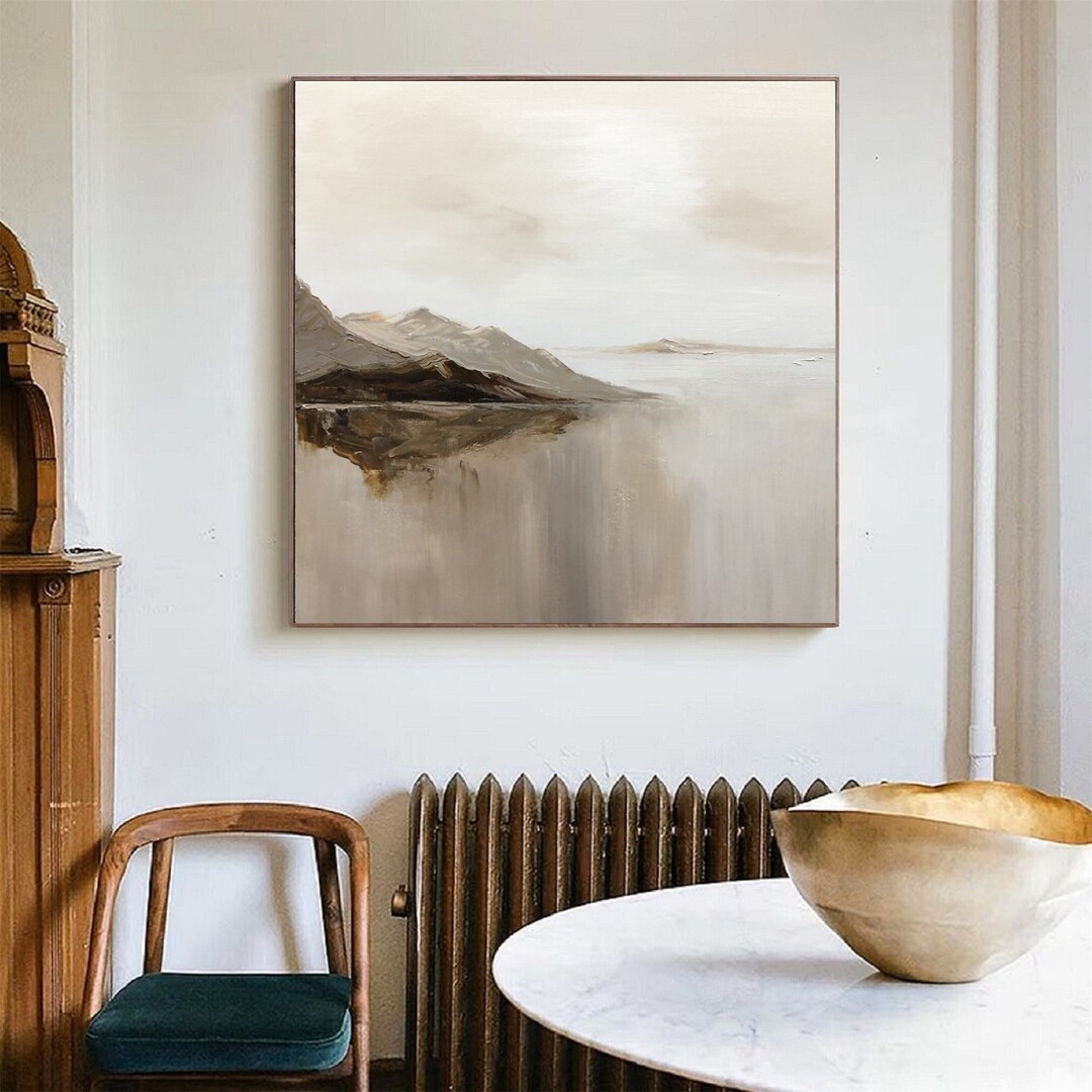 Large Beige and Brown Abstract Wall Art Square Landscape Painting Beige ...